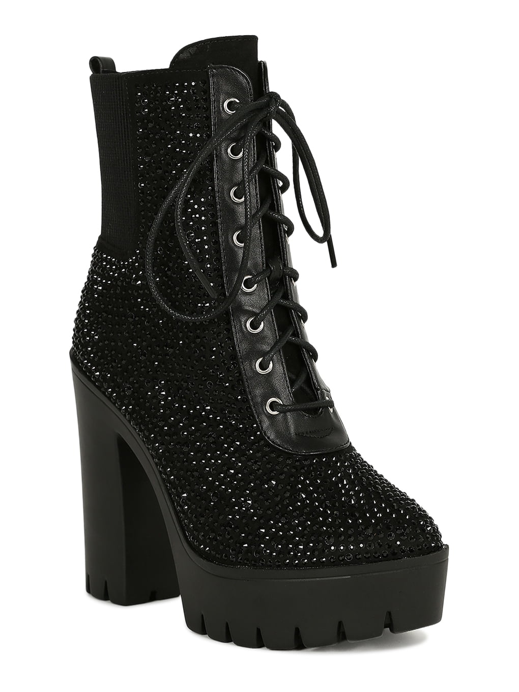 Women Rhinestone Embellished Lace-Up Lug Flatform Combat Boot 19041 ...