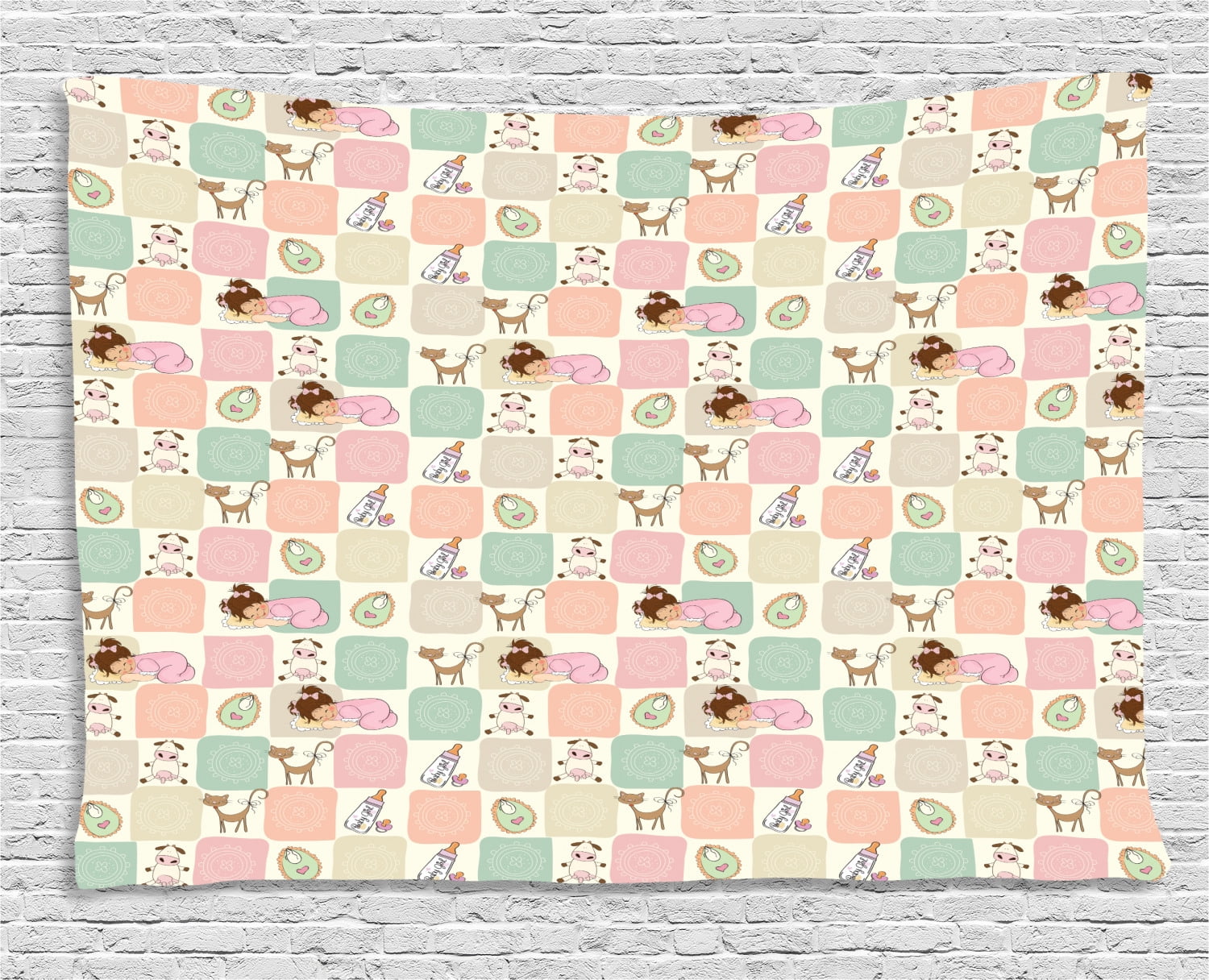 Baby Tapestry, Square Checkered Pattern Cat Cow Sleeping Girl ...