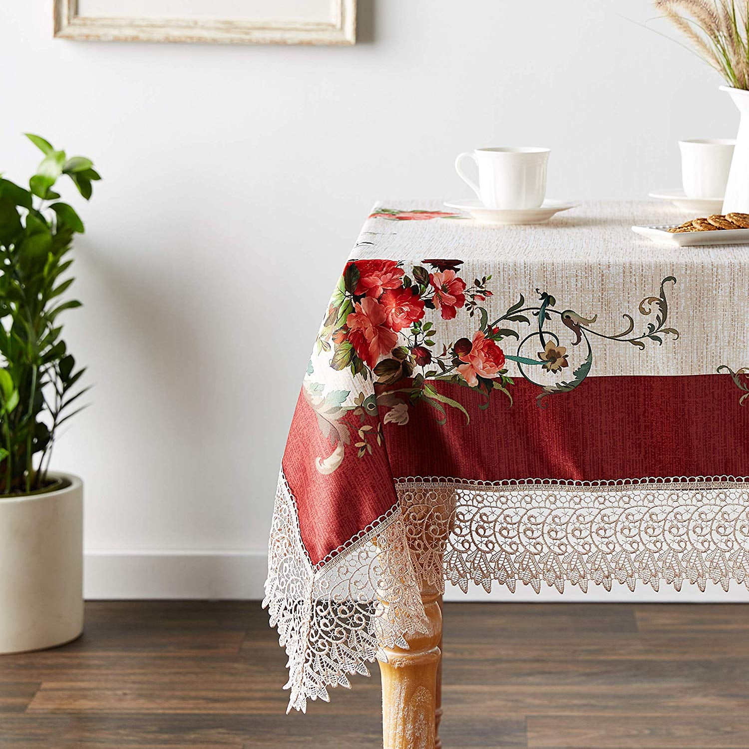 Violet Linen Decorative Printed Ascott Tablecloth with Lace Trimming ...