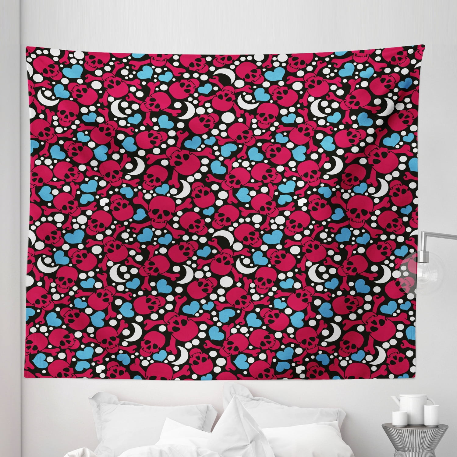 Skull Tapestry, Smiling Red Skulls with Hearts Moons and Dots Pattern ...