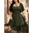 Army Green Plus Size Square Neck Loose Fit Raglan Sleeve High-Low Dress ...