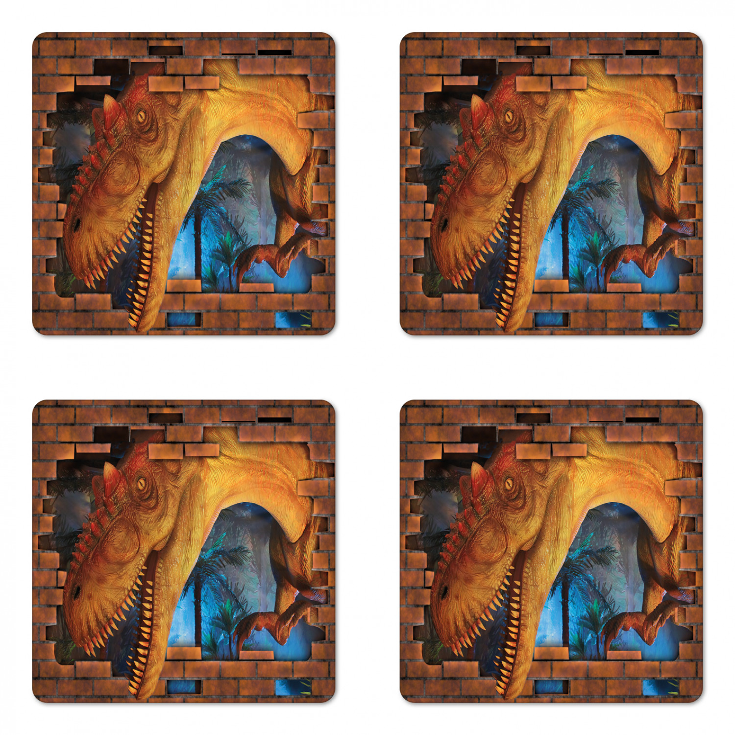 Dinosaur Coaster Set of 4, Tyrannosaurus Breaks a Brick Wall ...