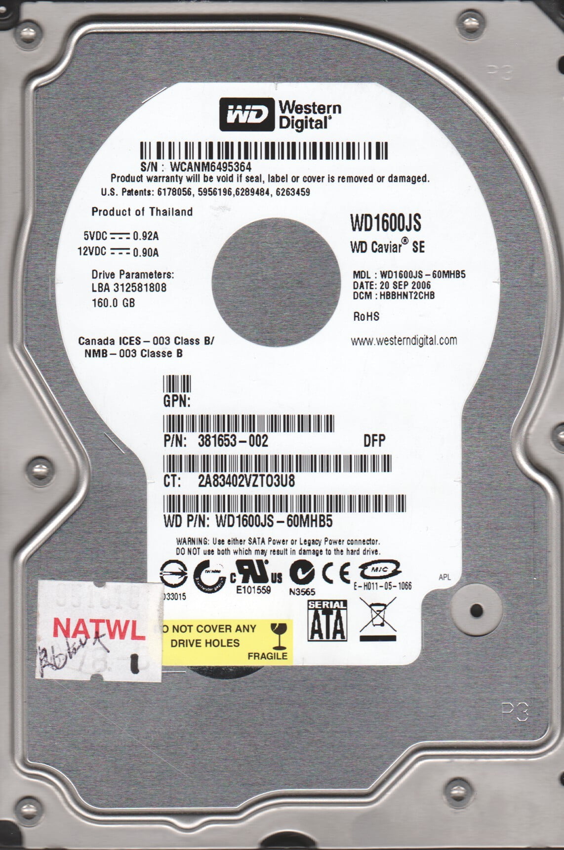WD1600JS-60MHB5, DCM HBBHNT2CHB, Western Digital 160GB SATA 3.5 Hard ...