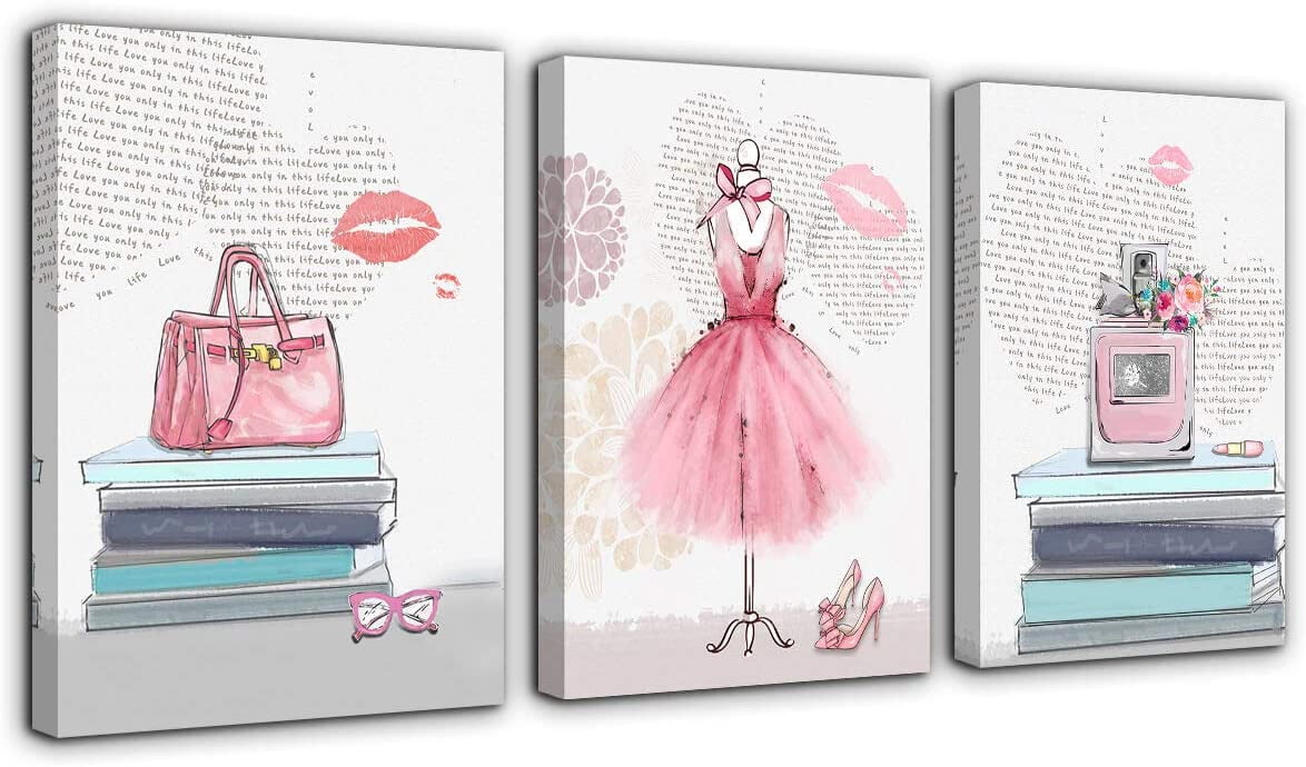 Canvas Wall Art for Girls Bedroom Pink Fashion Wall Decoration 3 Pieces ...