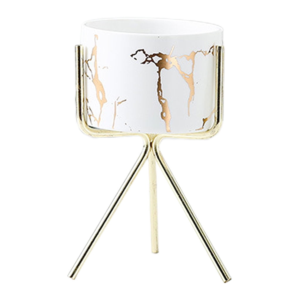 Marble Texture Flower Pot with Iron Stand Cylinder Planter Holder ...