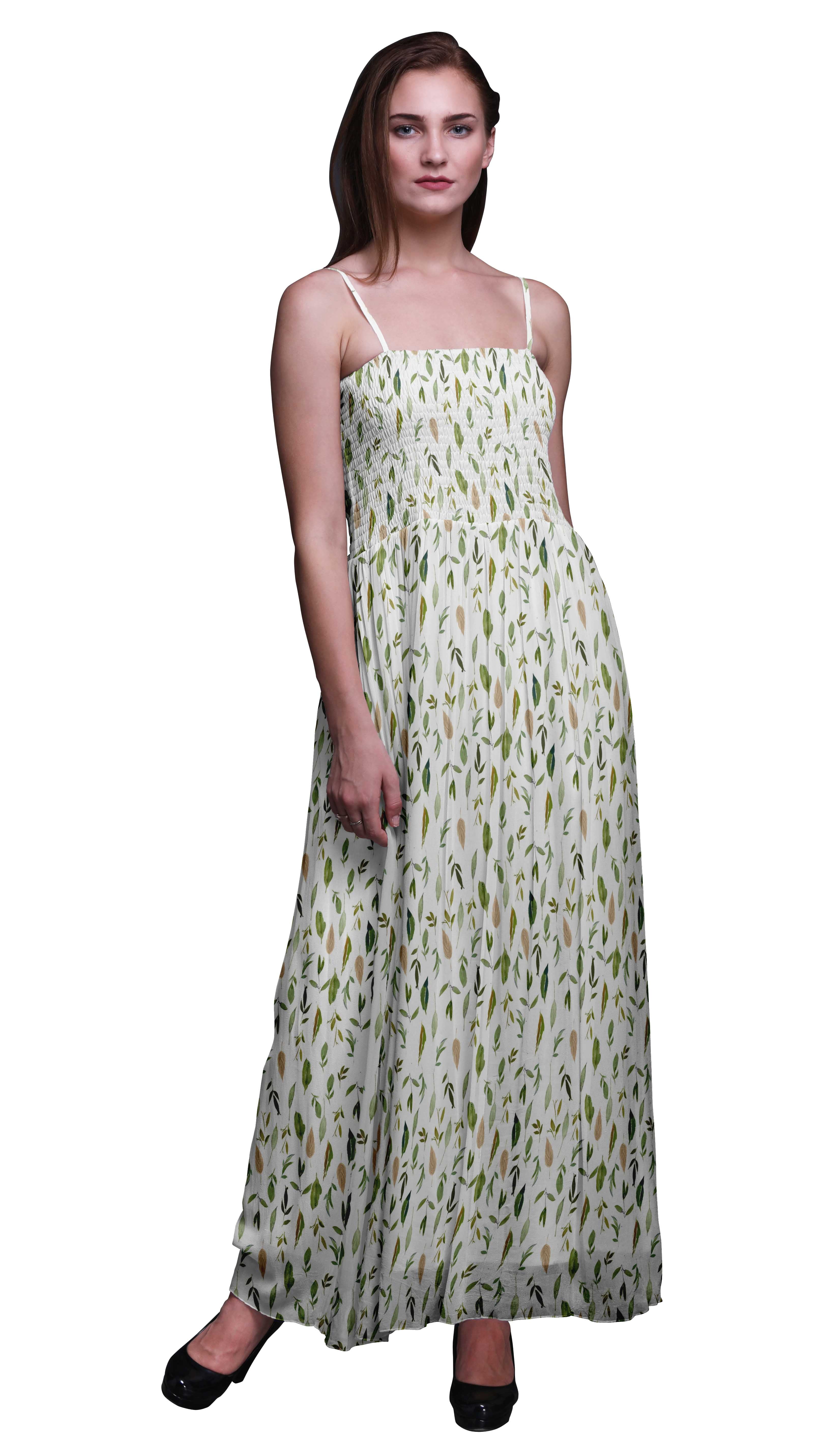 Bimba Flower Leaves Print Women Smocked Bodice Beach Sun Dress-X-Small ...