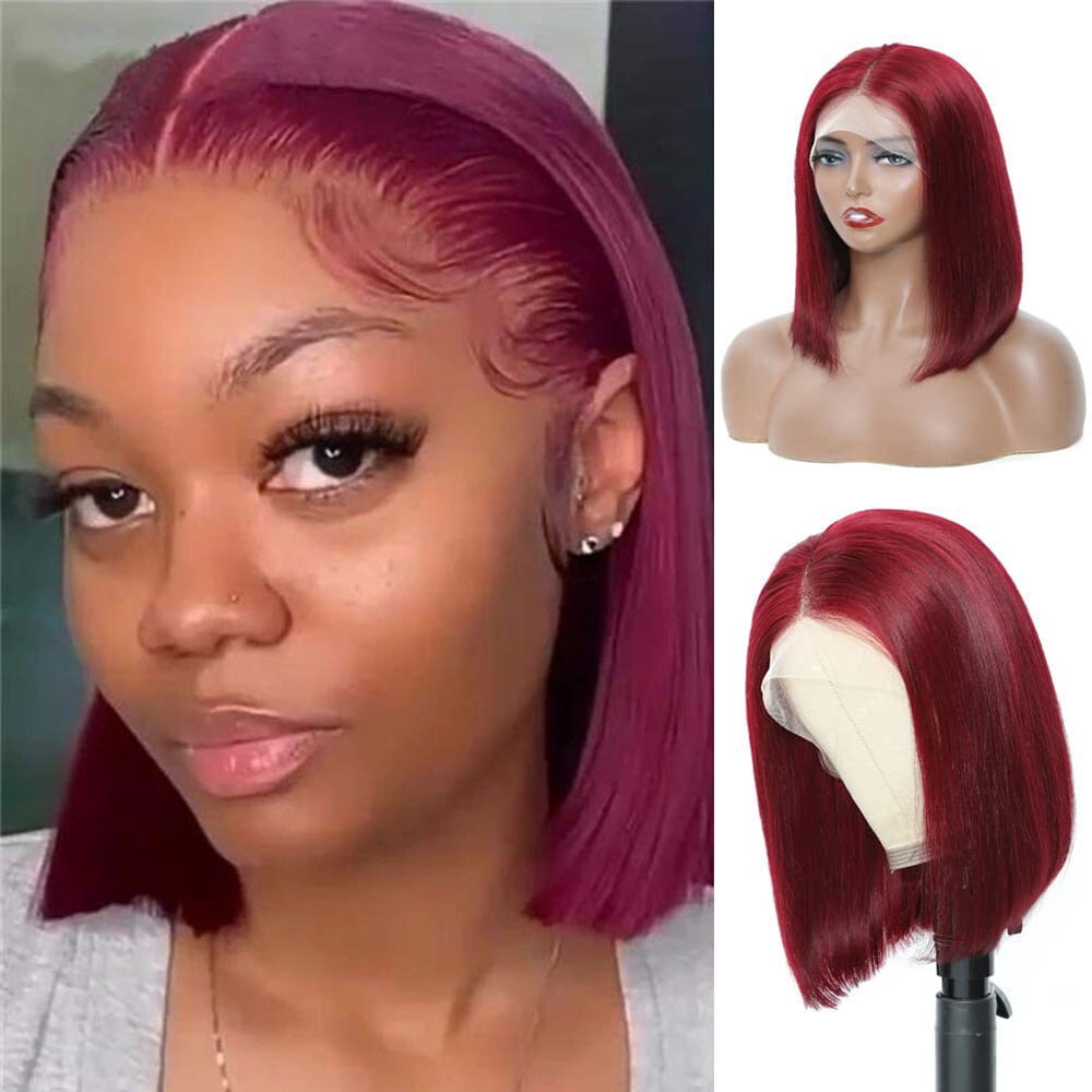 99J Straight Bob Red Wine 13x4 Lace Front Wigs Human Hair Pre Plucked ...