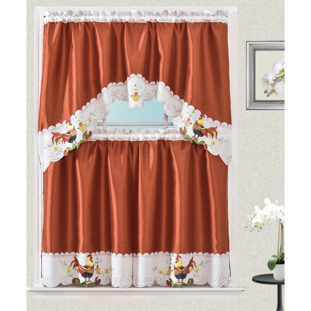 Rooster garden embroidery Design Kitchen Curtain with Swag and Tier Set ...