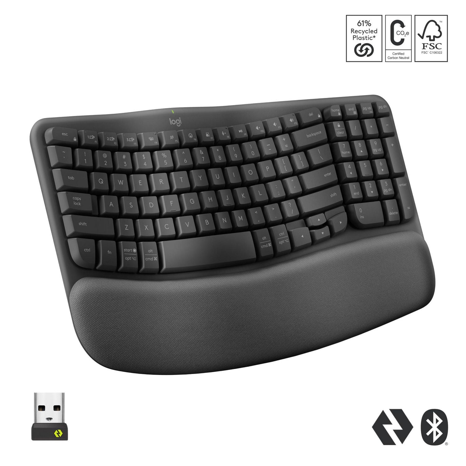 Logitech Wave Keys Wireless Ergonomic Keyboard with Cushioned Palm Rest  Comfortable Natural Typing  Easy-Switch  Bluetooth  Logi Bolt Receiver .