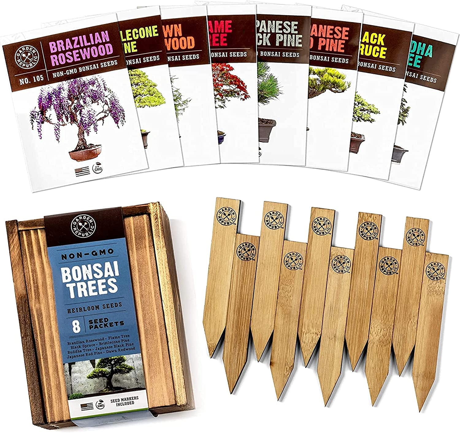 Garden Republic 8-Variety Bonsai Seed Box with Wooden Plant Markers ...