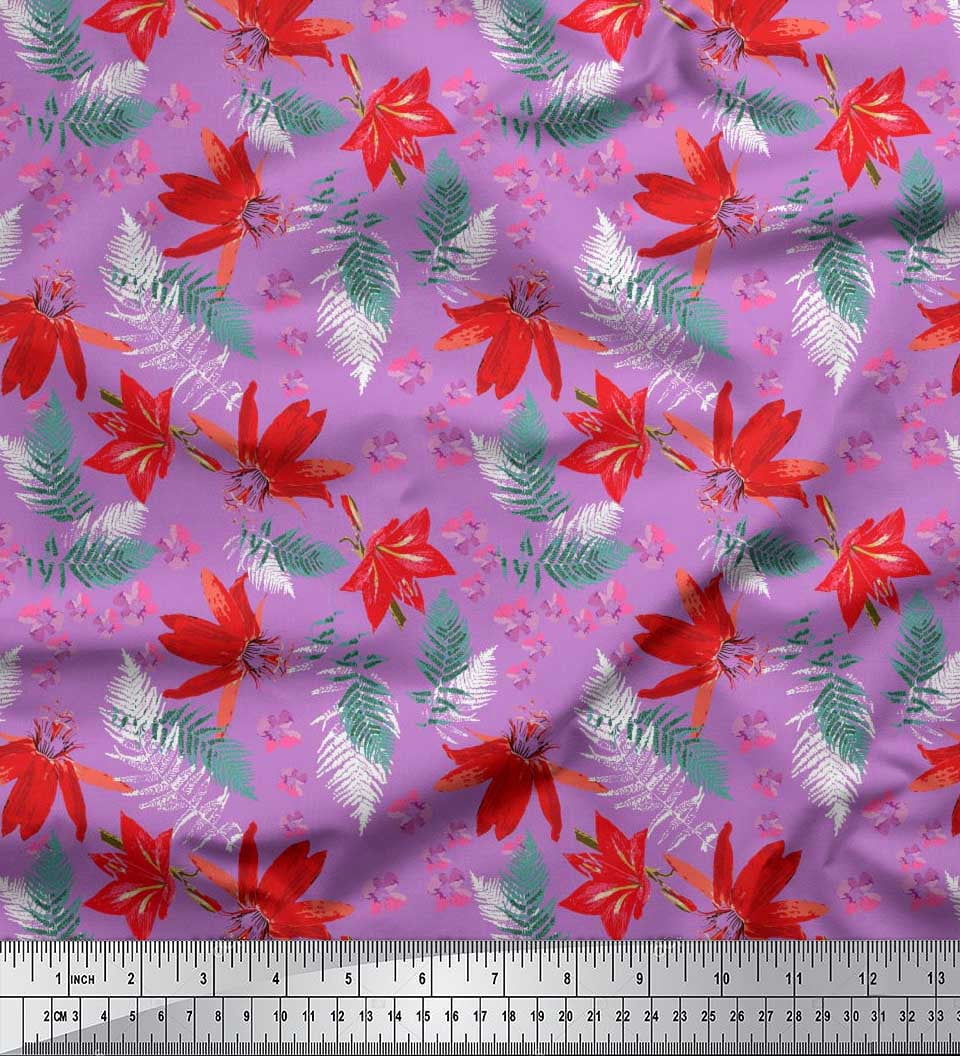 Soimoi Satin Silk Fabric Spruce Leaves & Lily Floral Print Fabric by ...