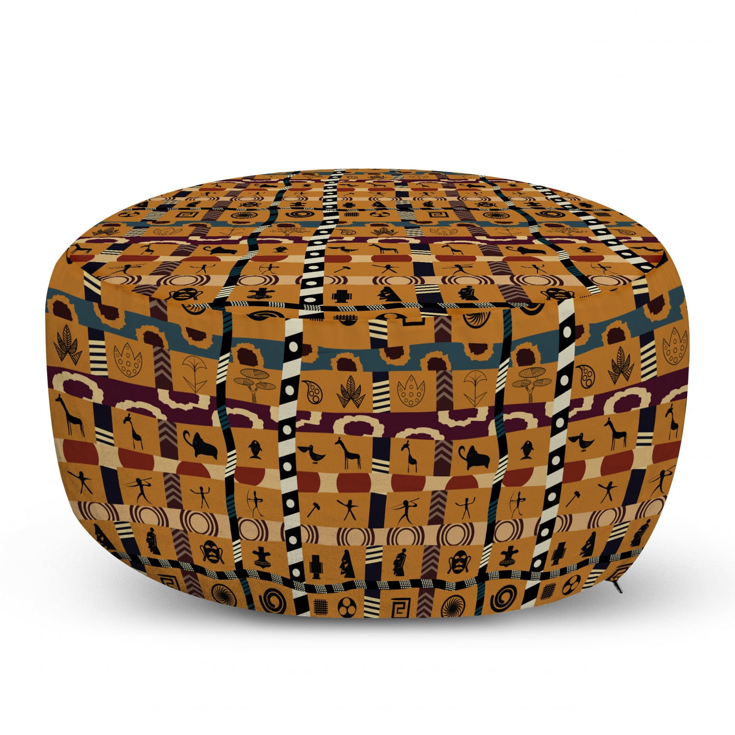 Vintage Tribal Pouf Cover with Zipper, Repeating Pattern of Prehistoric ...