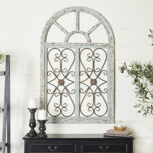 DecMode White Wood Arched Window Inspired Scroll Wall Decor with Metal ...