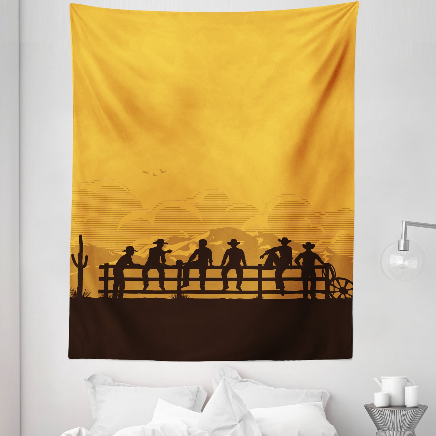 Rodeo Tapestry, Silhouette of Cowboys Sitting on Fence American Texas ...
