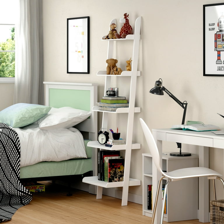 Ballucci 5 Tier Ladder Shelf Wood Leaning Bookshelf Modern Bookcase 67 H x 18 W White
