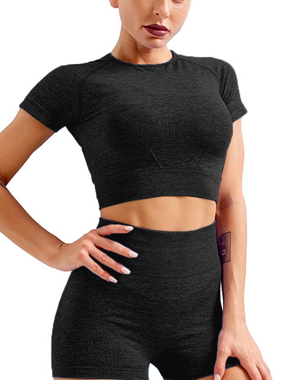 VASLANDA Women's Yoga Gym Crop Top Compression Workout Athletic Short ...