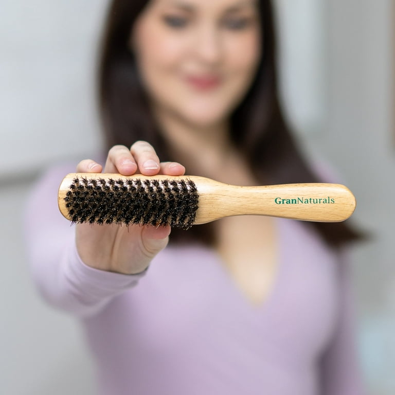 GranNaturals Boar Bristle Slick Back Hair Brush Soft Medium Smoothing Hairbrush to Style Polish Lay Hair Down Flat to Create a Sleek Frizz Free