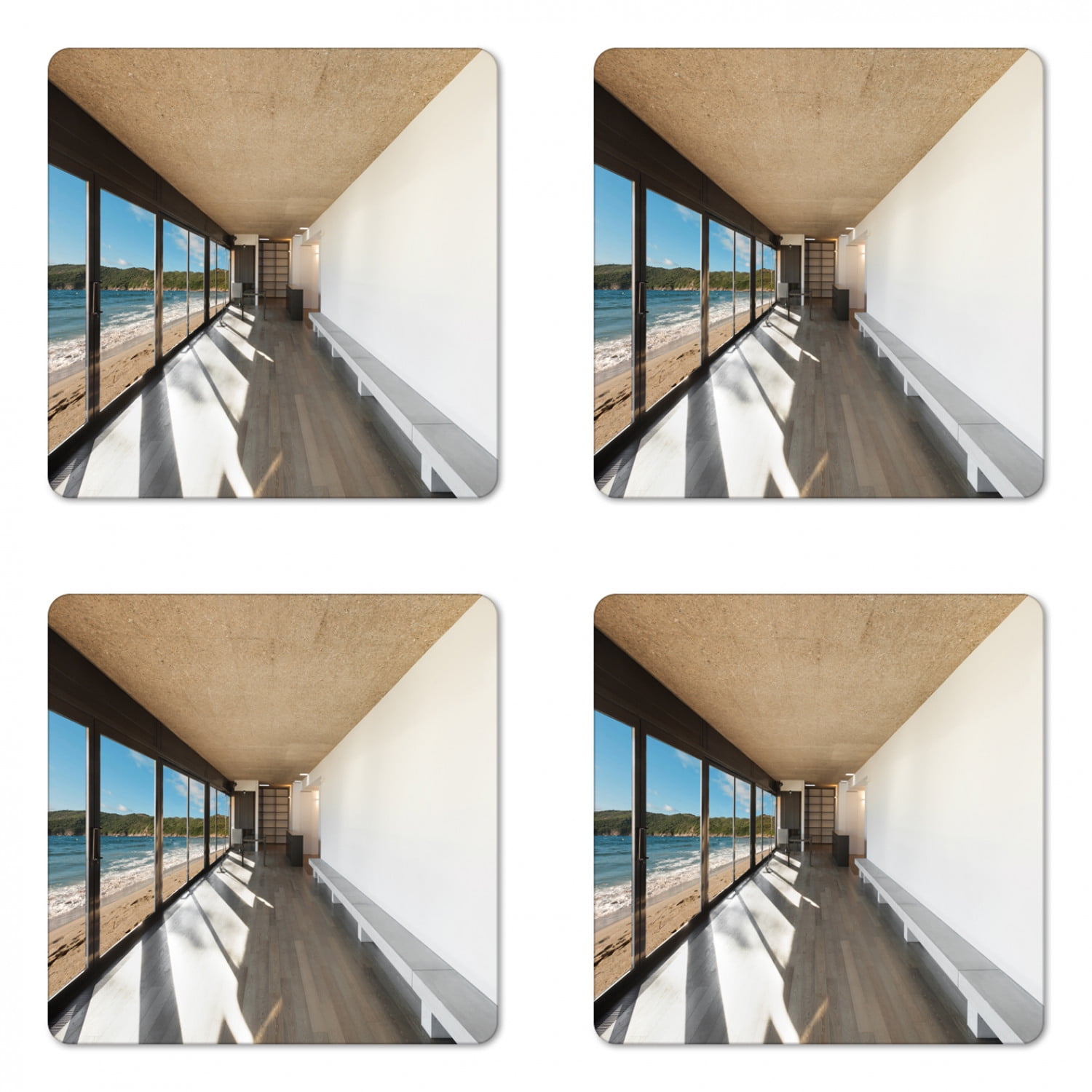 Beach Coaster Set of 4, Coastal Home Design with Ocean Sea Waves Sand ...