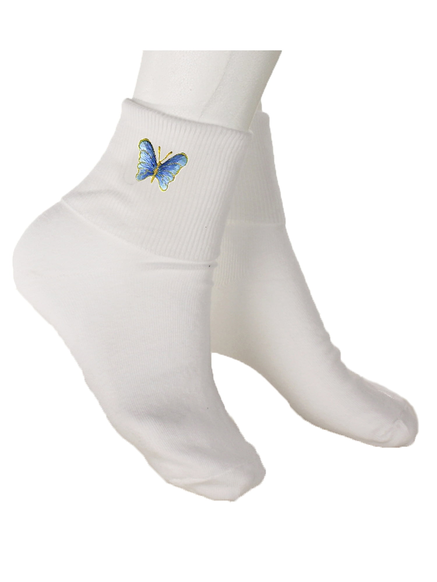 Blue Butterfly Socks - White Bobby Sox Embroidered Appliques - Sz 9-11 ...