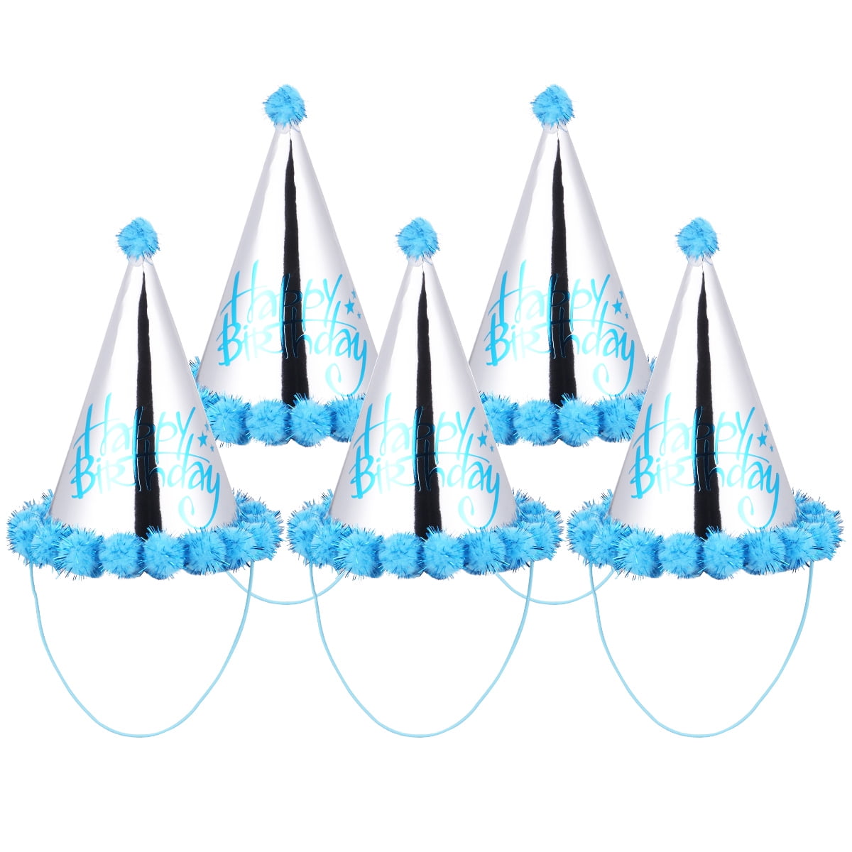 Frcolor 5pcs Light Blue Cone Shape Pompon Hats Shiny Paper Birthday ...