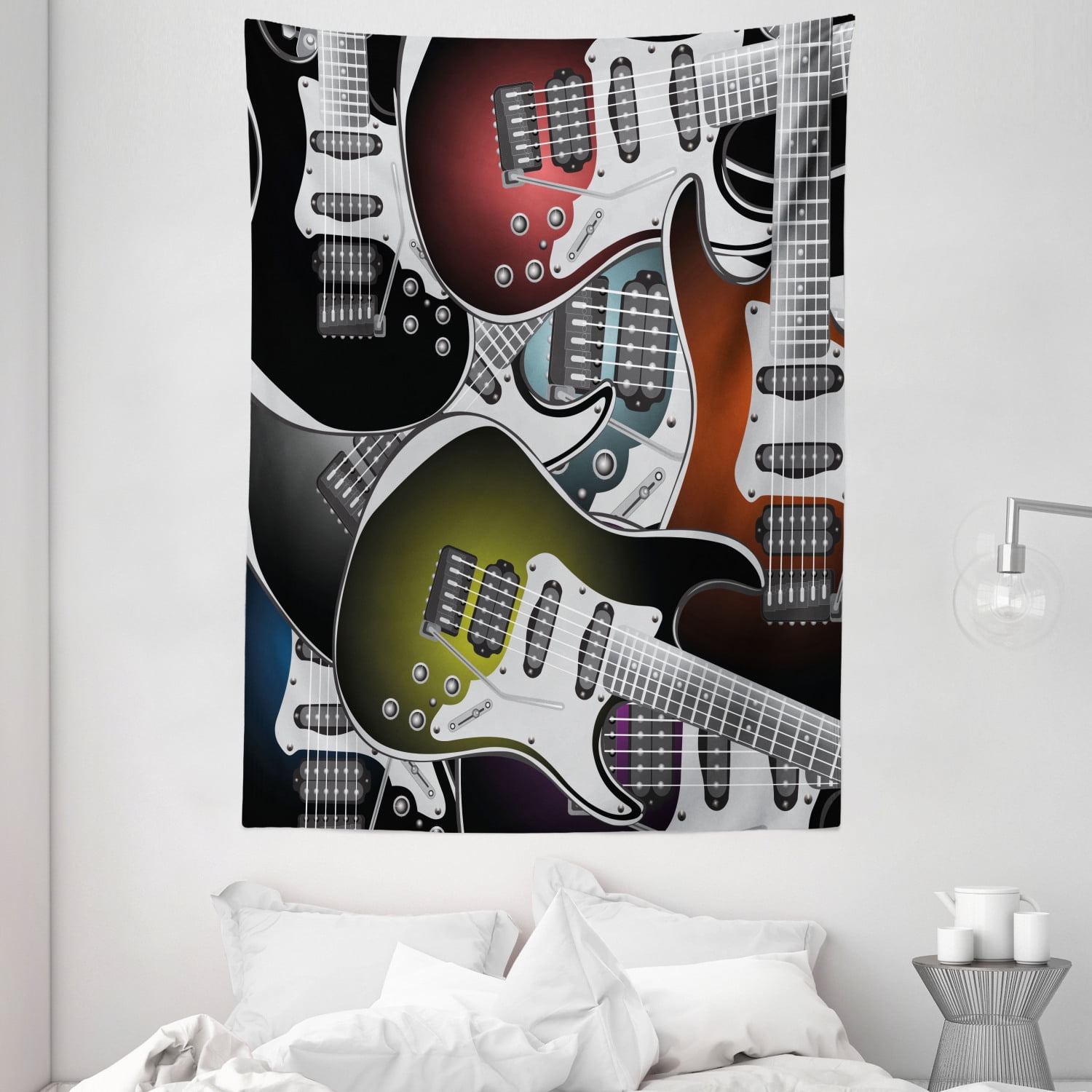 Popstar Party Tapestry, Pile of Graphic Colorful Electric Guitars Rock ...