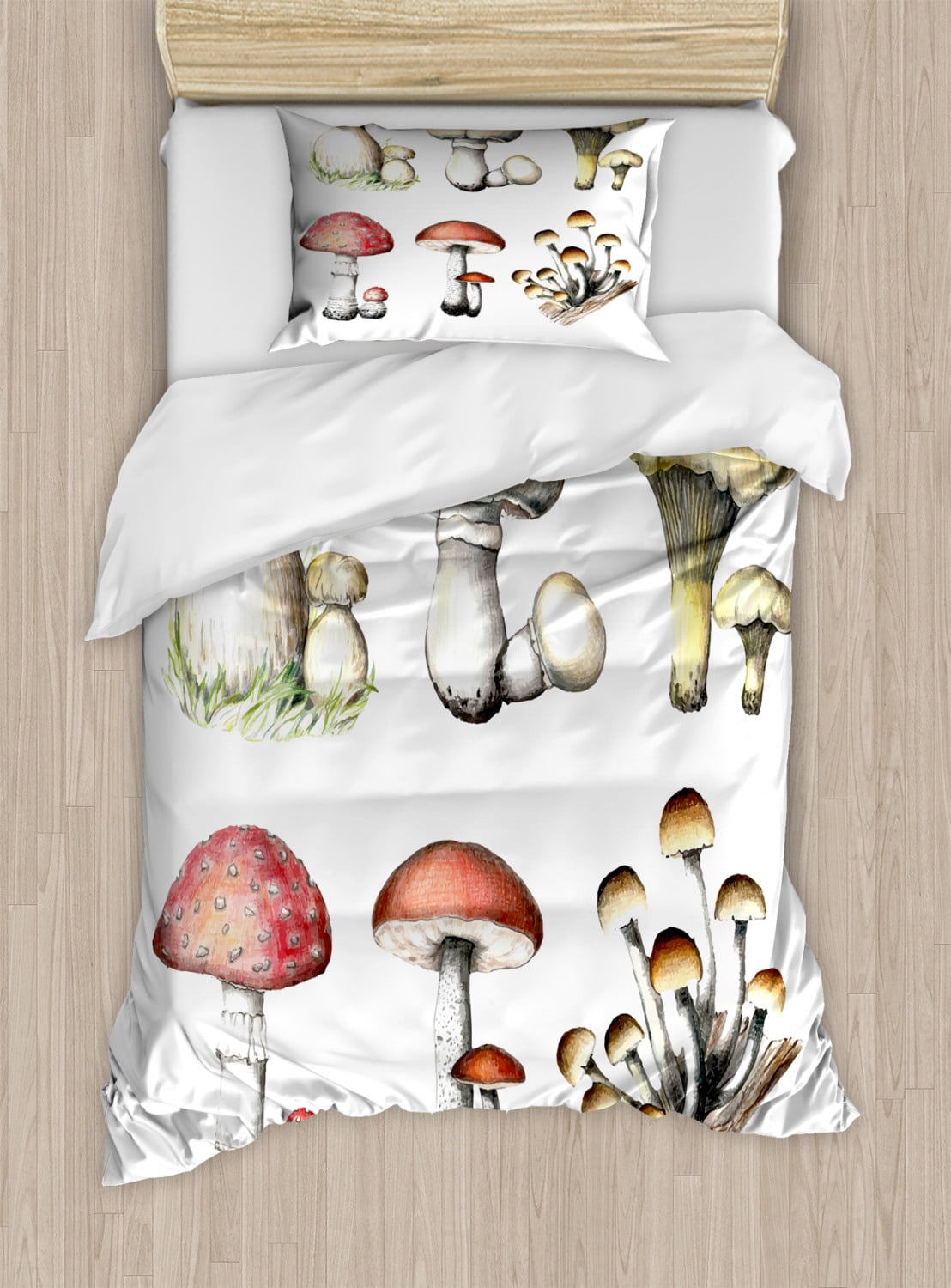 Mushroom Duvet Cover Set Twin Size, Hand Drawn Fungus Pattern Amanita ...