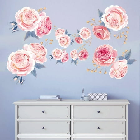 16 Pink Rose Wall Stickers Removable Flower Wall Decals Bedroom Living ...