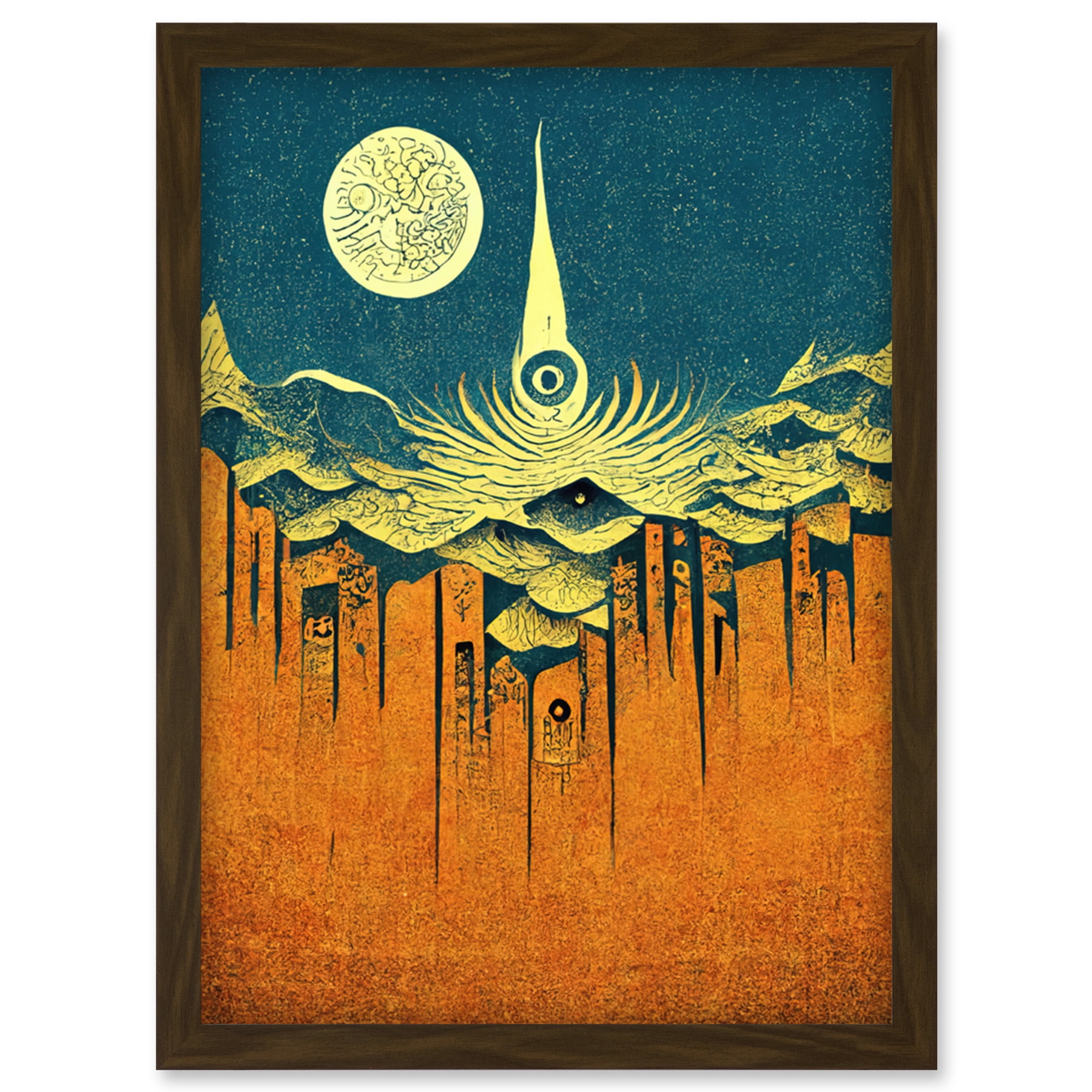 Conceptual Abstract Gold Landscape Full Moon Linocut Artwork Framed ...