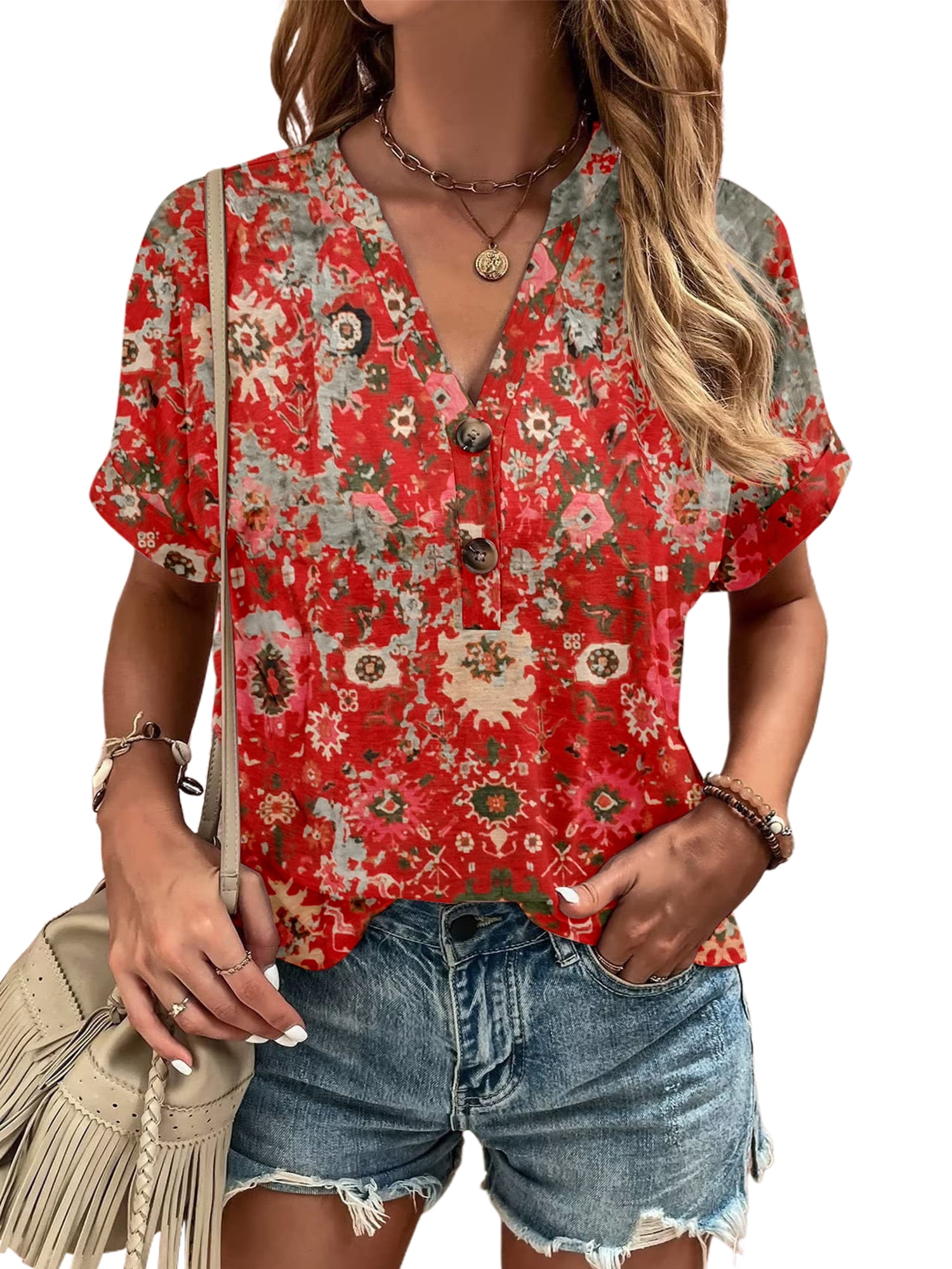 Frontwalk Women Floral T Shirt Short Sleeve V-Neck Blouse Beach Summer ...
