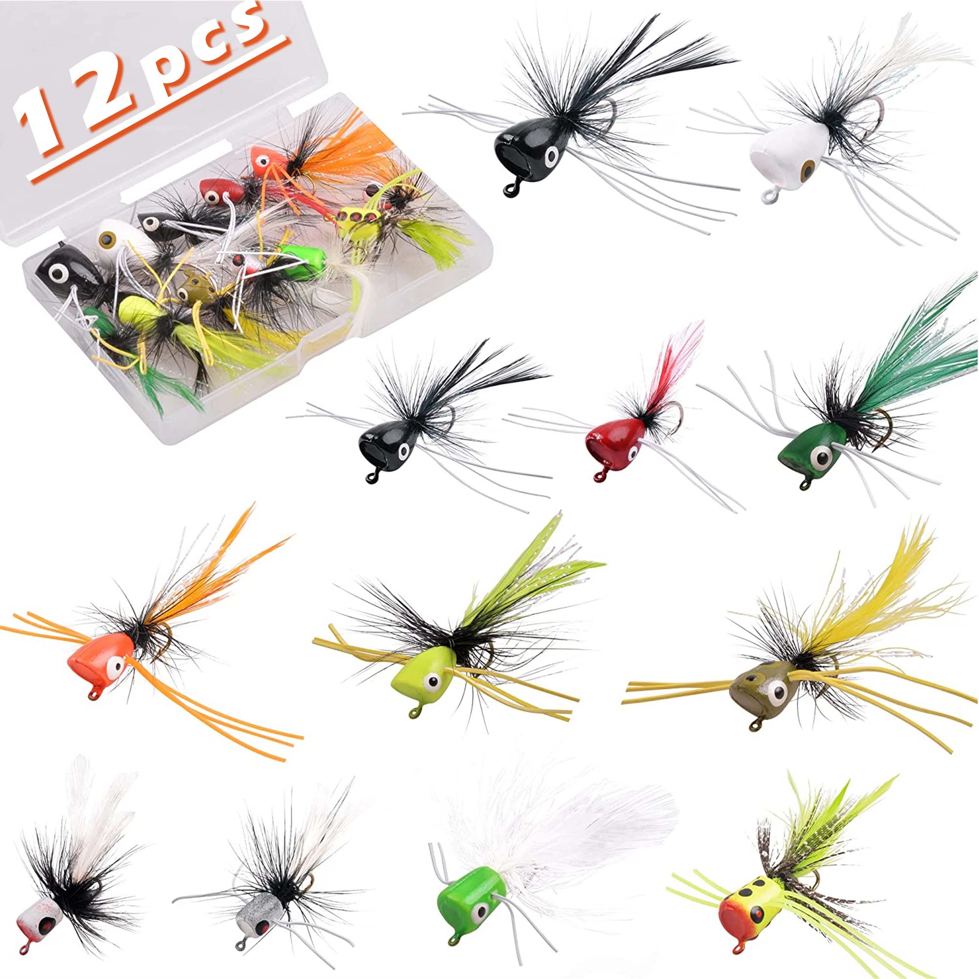 Fly Fishing Poppers Kit 12pcs Assorted Size Color Topwater Fishing ...