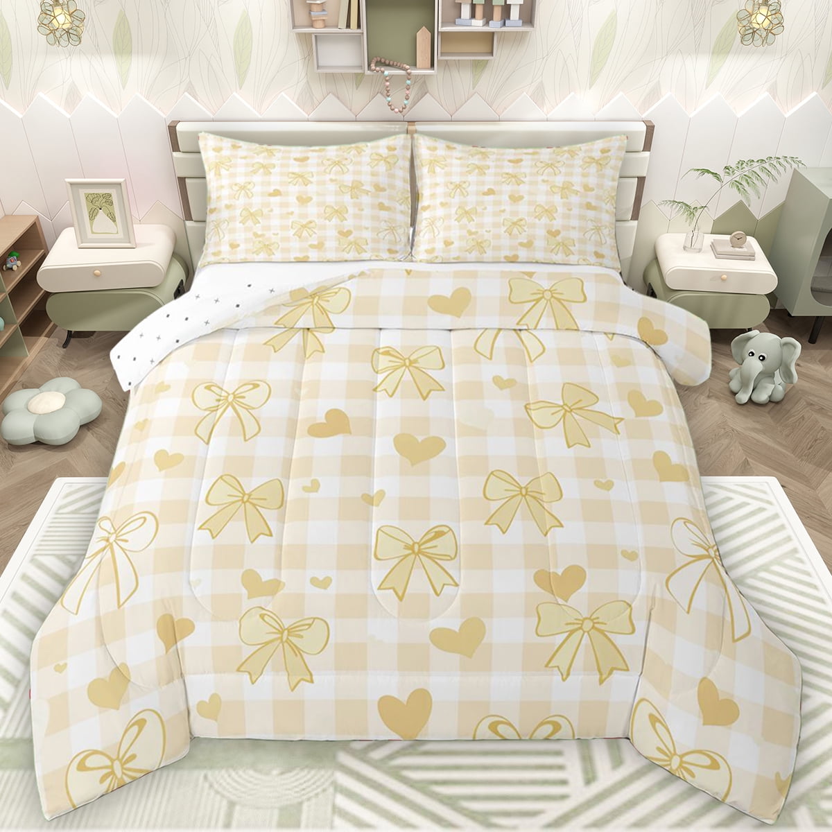 Manfei Cartoon Bow-Tie Ribbon Bedding Comforter Set  Yellow Love Heart Twin Comforter Sets  Modern Fashion Plaid Reversible Bedding Set  Luxury Bedroo