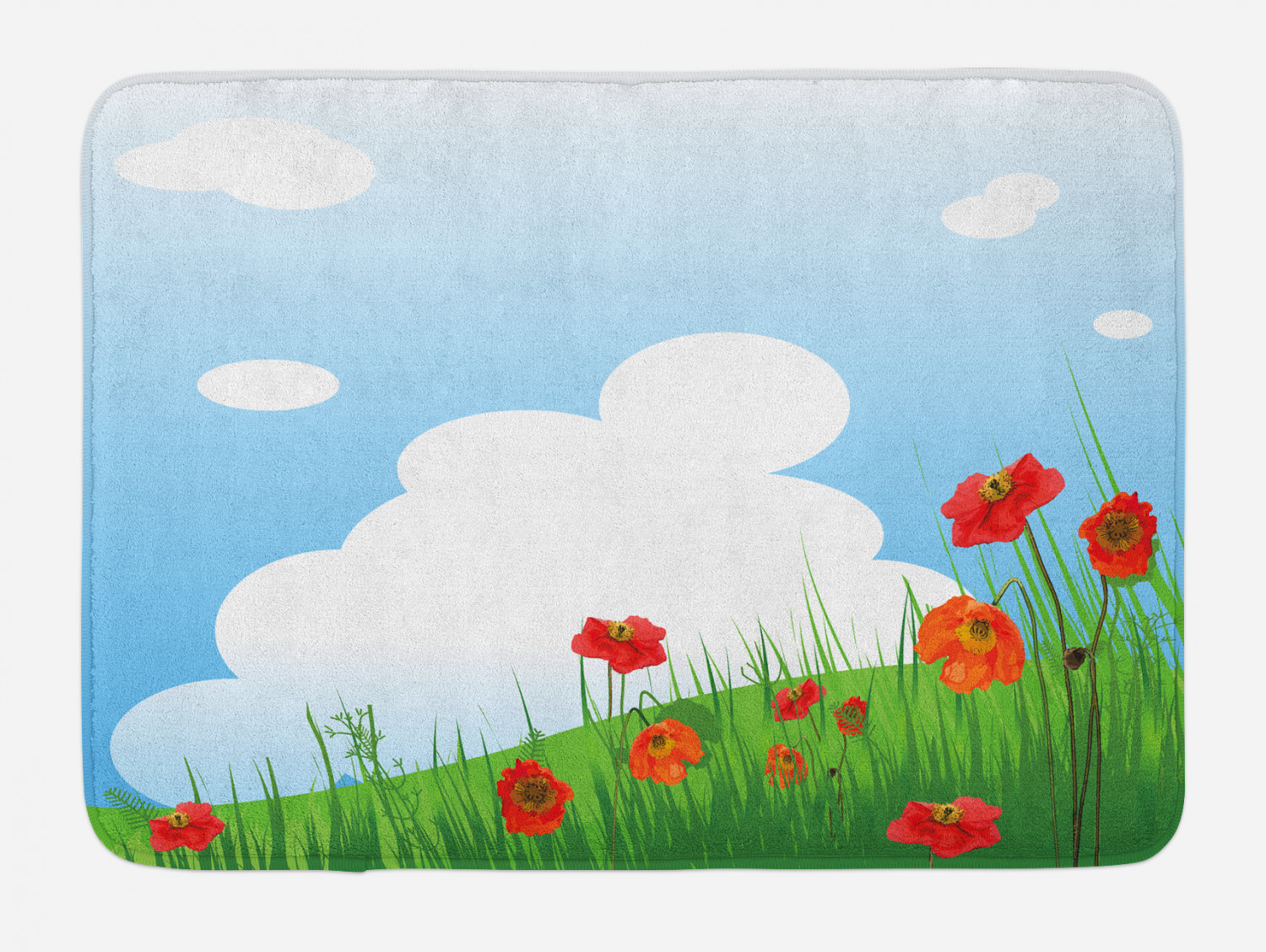 Poppy Bath Mat, Idyllic Grassy Summer Field in Full Blossom Blue Sky ...