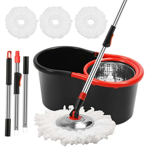 360° Spin Mop & Bucket with Wringer Set, Black & Red, 3 Absorbent ...