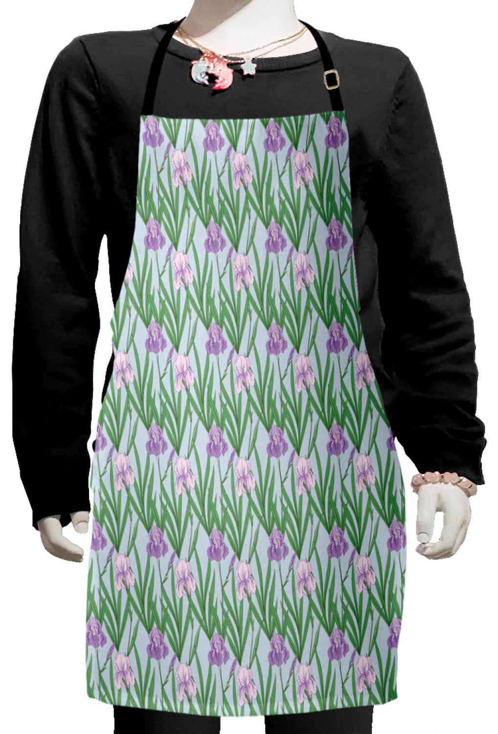 Floral Kids Apron, Botanical Art Pattern with Purple Iris Green Leaves ...