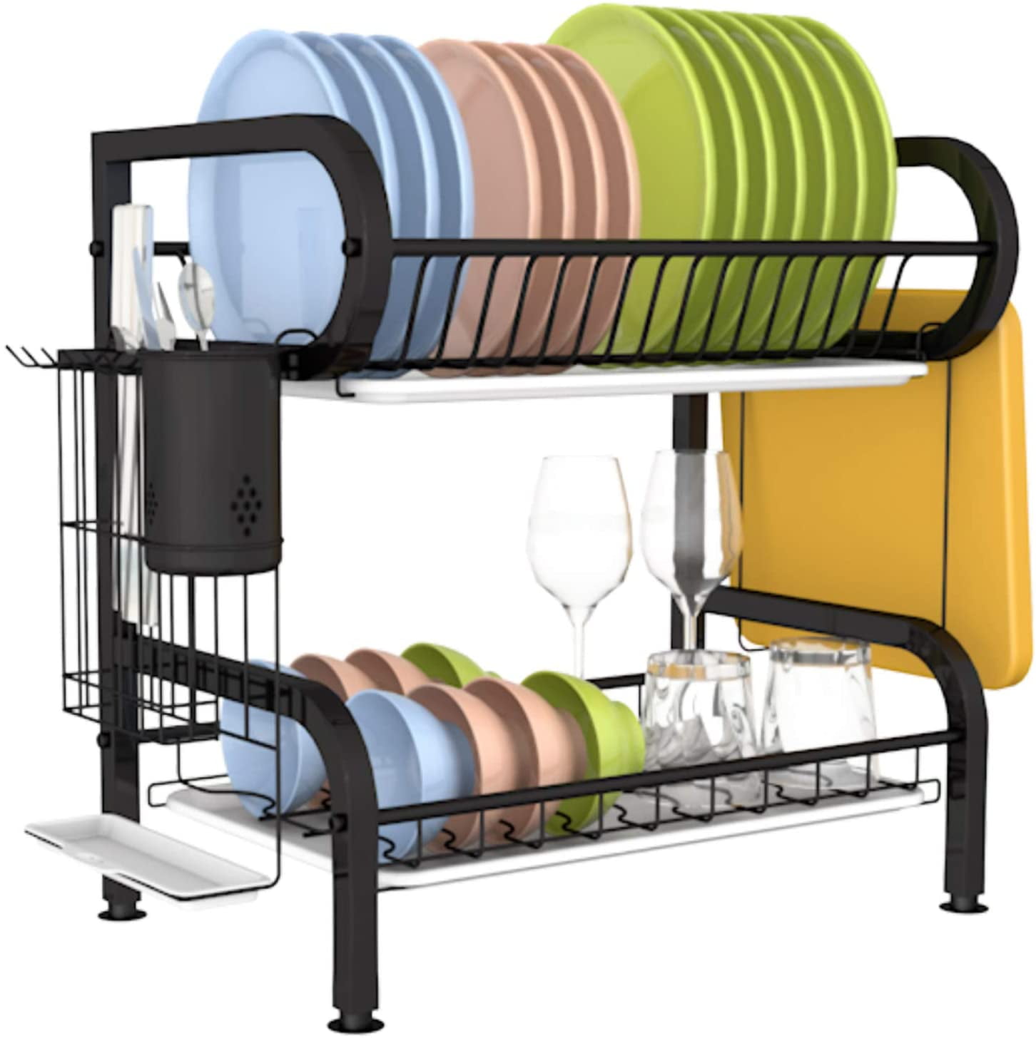2 Tier Dish Rack Double Decker Dish Drying Rack with Drainboard Plates ...