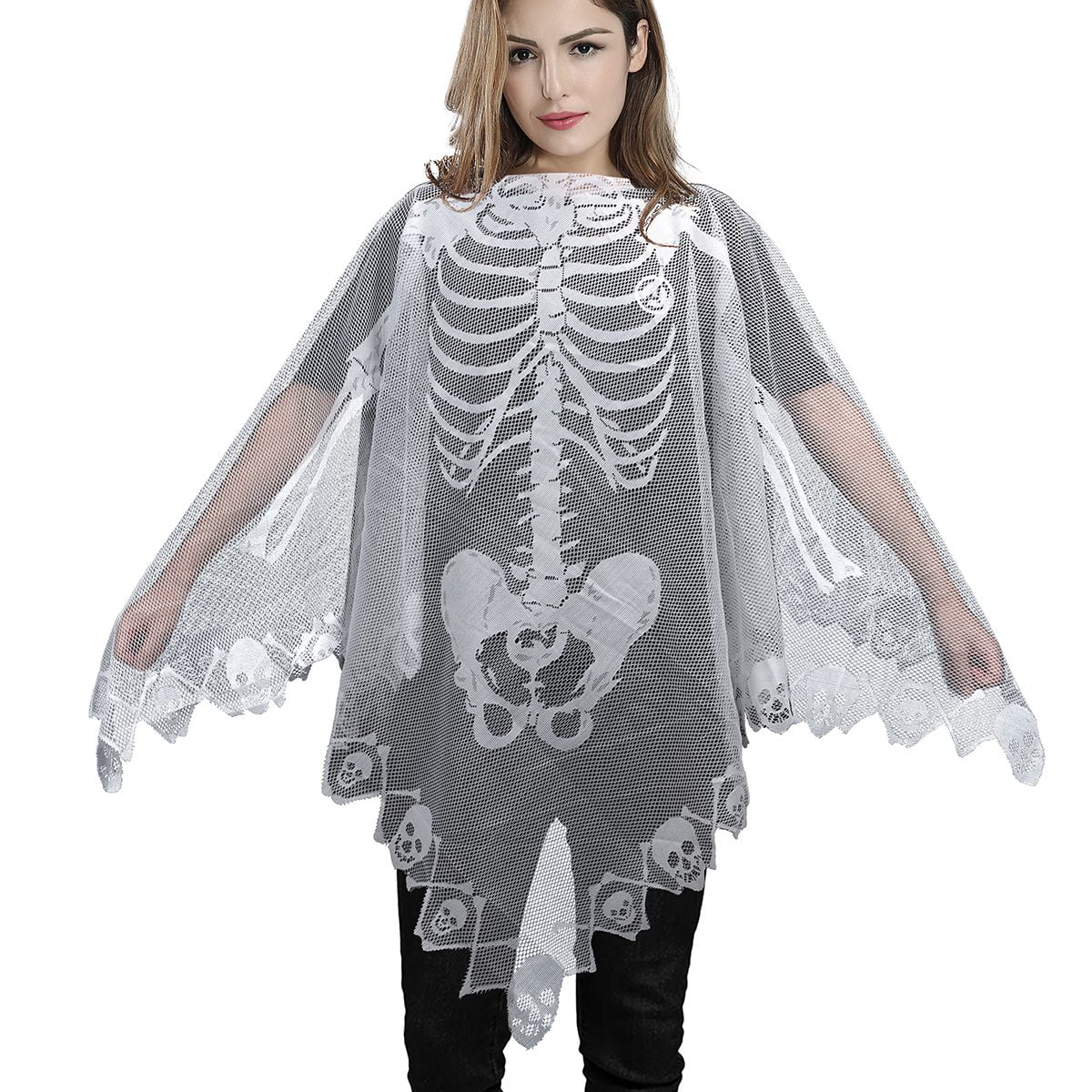 Spencer White Lace Skeleton Poncho, 57 x 57 inch Halloween Poncho for ...