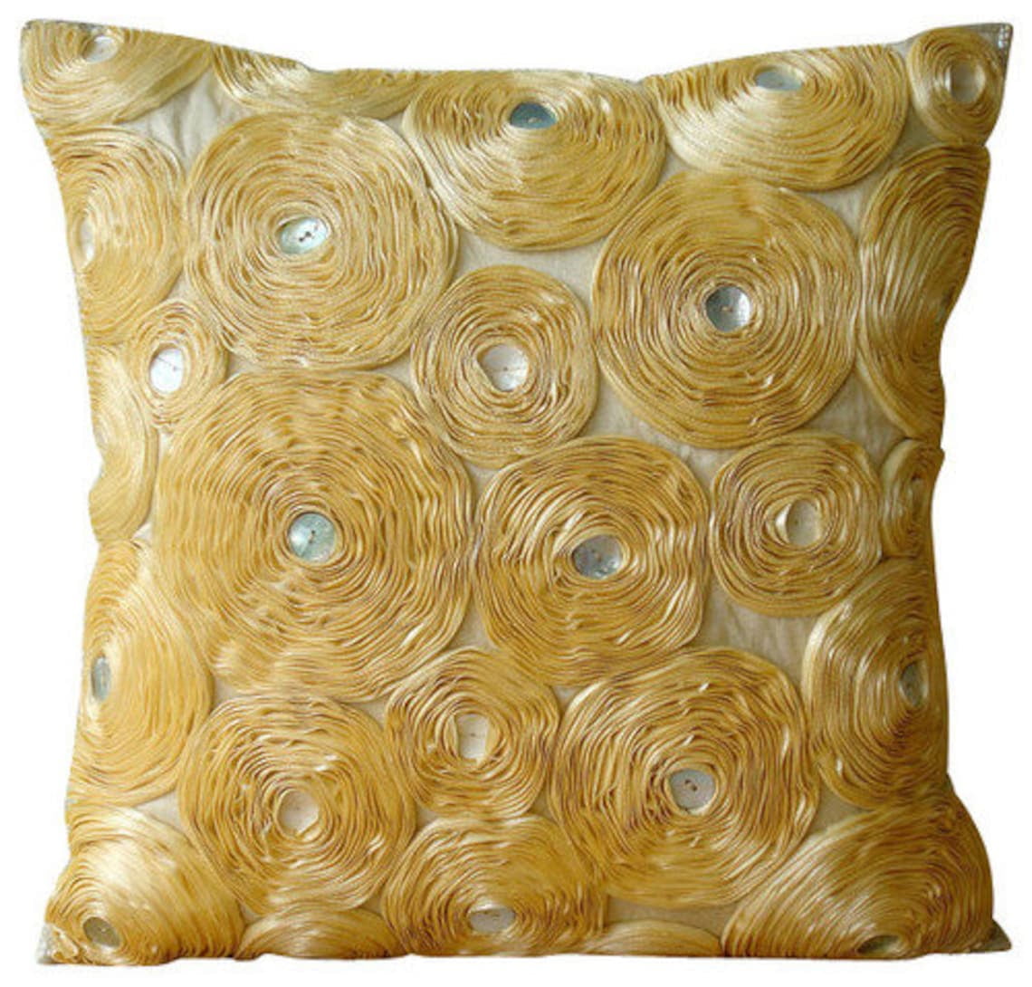 Cushion Covers, Gold Shams, Ribbon Gold Rose Flower Floral Theme Pillow ...