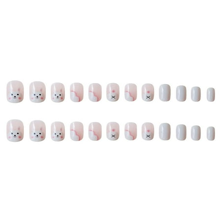 24pcs Short Press On Nails Cute Rabbit Design Sweet Style Full Coverage ...