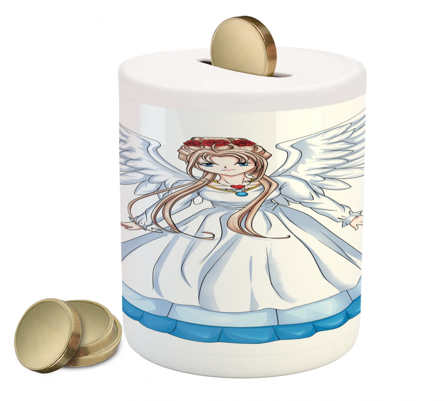 Anime Piggy Bank, Cartoon Illustration of Angel Wings and Flowers ...
