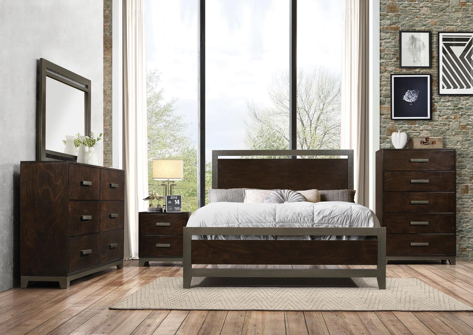Walnut Finish Metal Frame Panel Queen Bedroom Set 5Pcs Charleen-26680Q ...