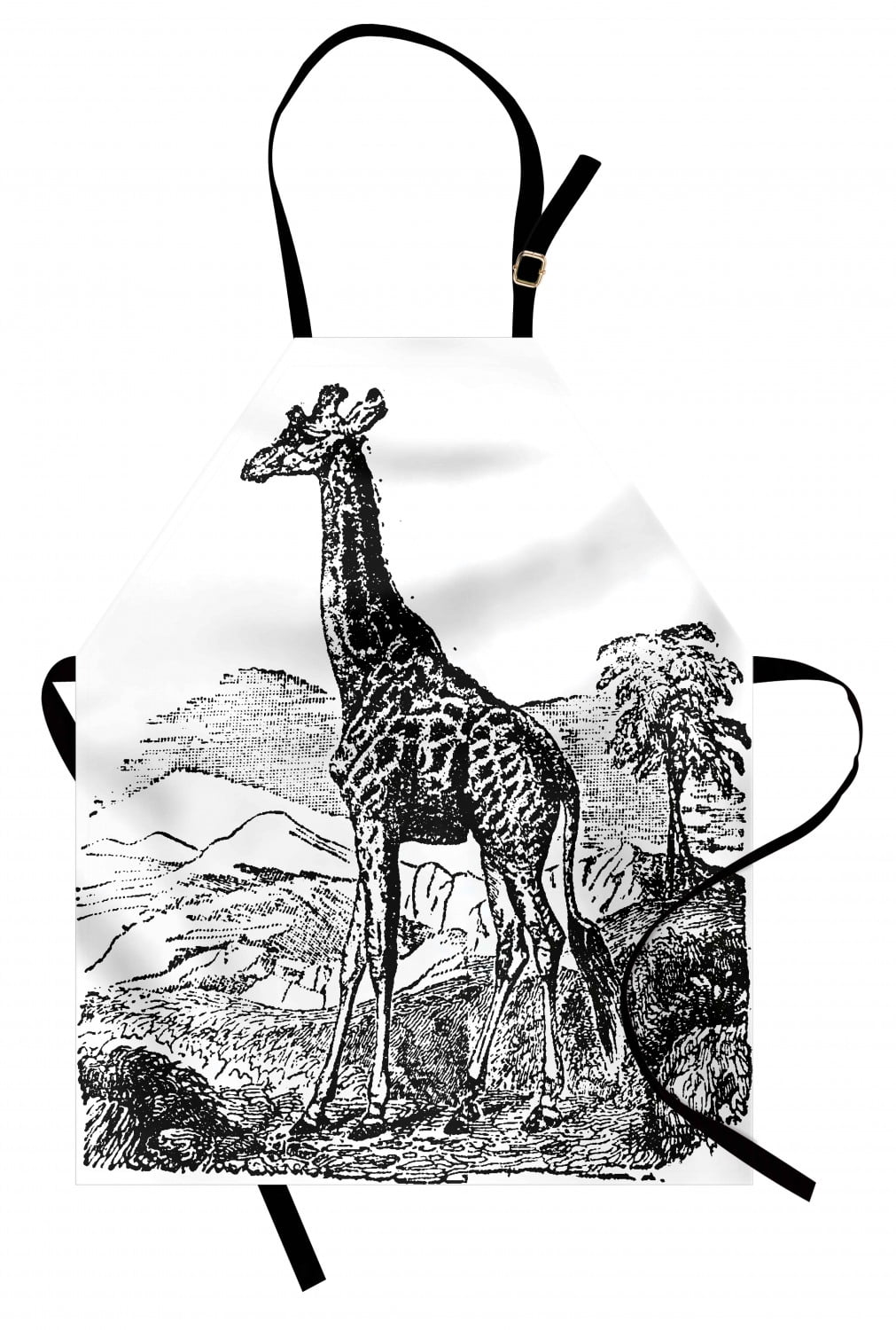 Giraffe Apron, Engraving Natural History Trees Hills Pattern on Plain ...