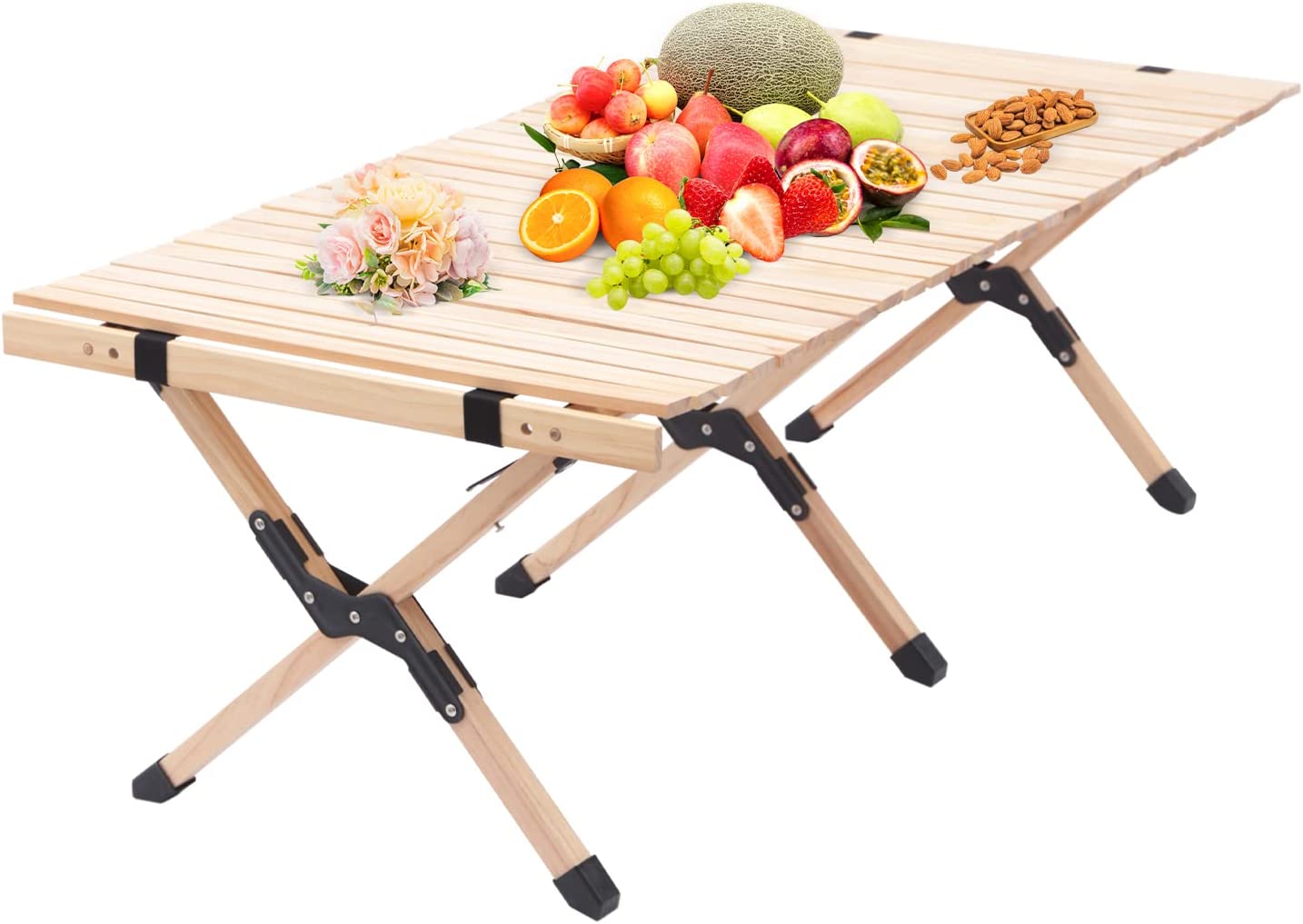 Miumaeov Foldable Camping Table Slated Top Wooden Folding Picnic Coffee ...