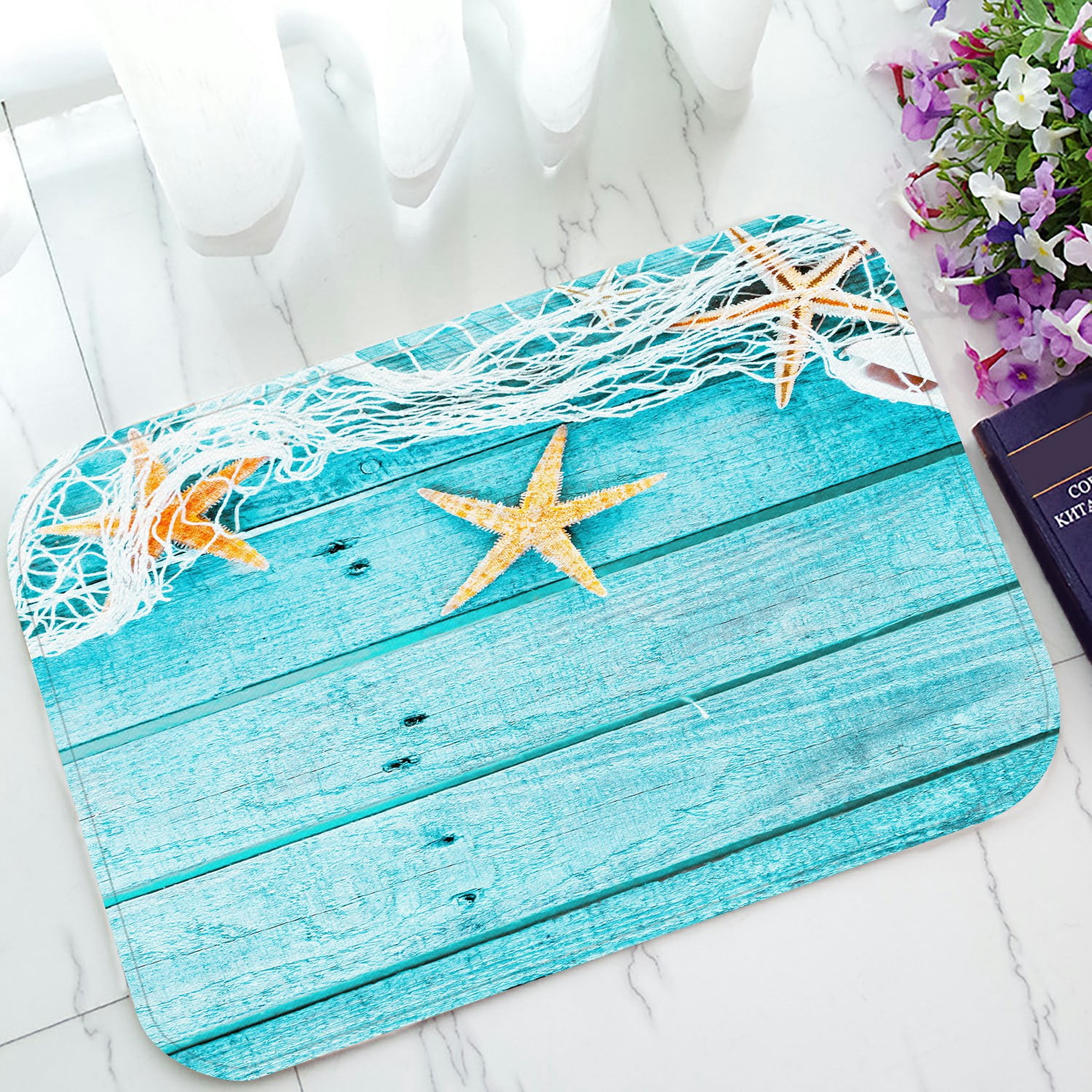 ABPHQTO Turquoise Fishing Net Starfish Rustic Wooden Boards Doormat ...