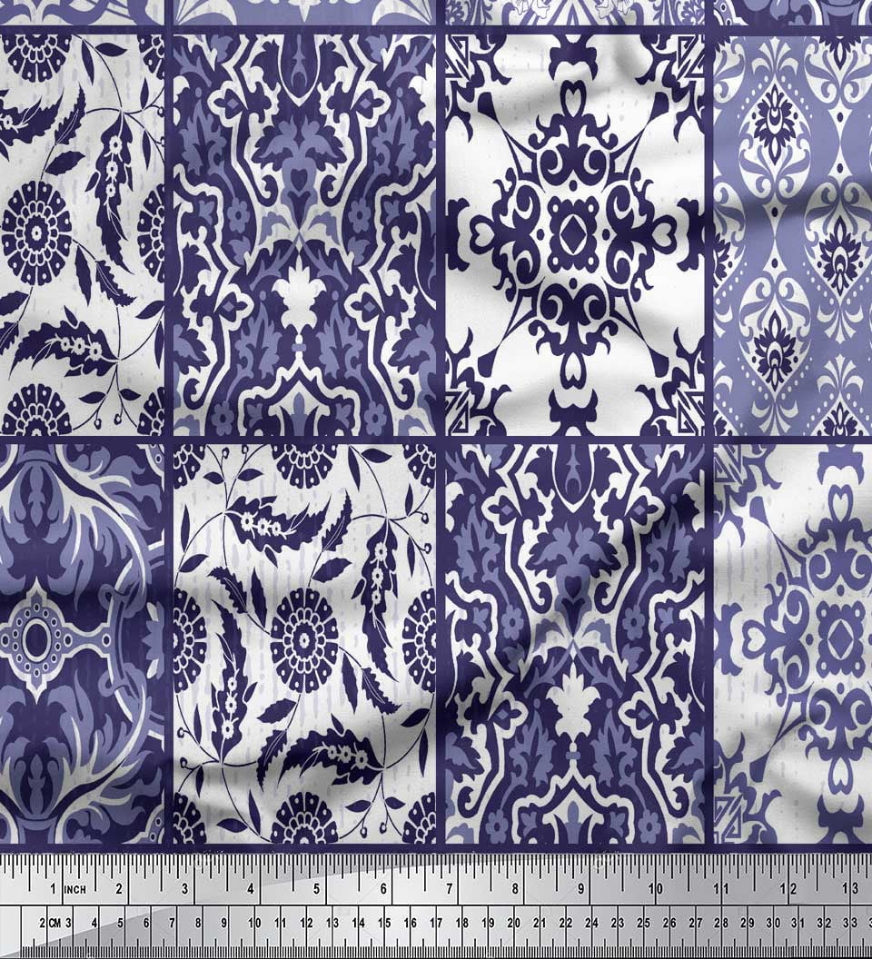 Soimoi Japan Crepe Satin Fabric Check & Damask Patchwork Print Fabric ...