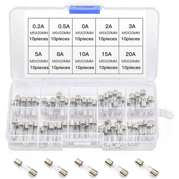 100Pcs Fine Fuse Glass Fuse Glass Tube Fuses Assorted Kit Amp 0.2A-20A ...