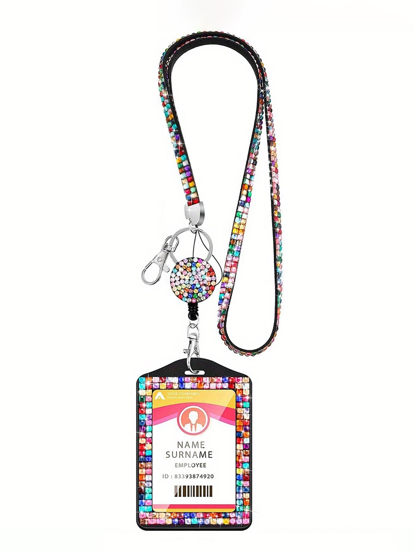 1set Rhinestone Decor Card Holder With Lanyard ID Card Buckle, Simple ...