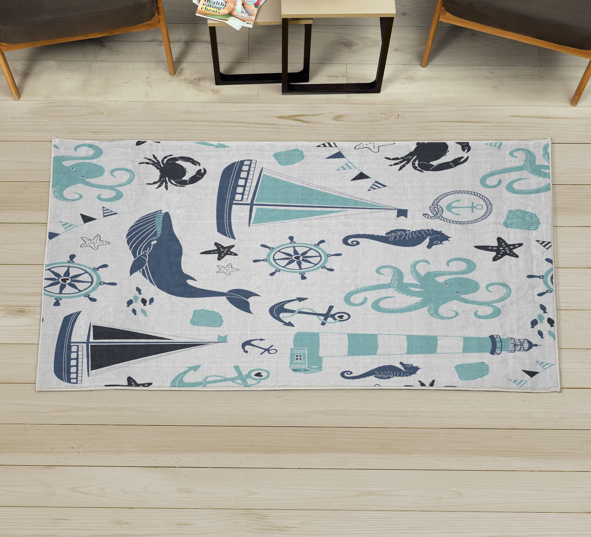 Nautical Decorative Rug, Pastel Colored Composition of Lighthouse ...