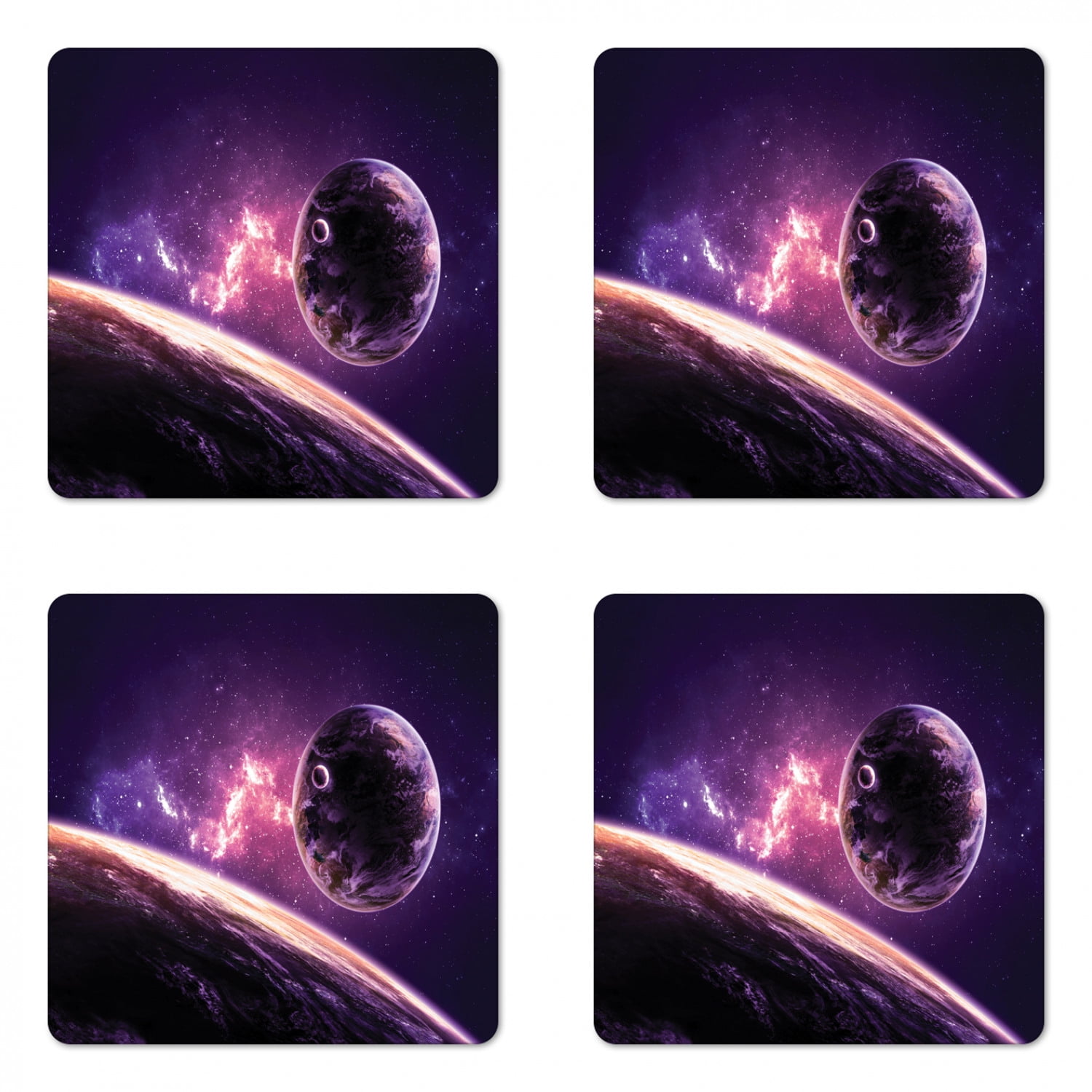 Galaxy Coaster Set of 4, Planets over Purple Nebula Celestial Comet ...