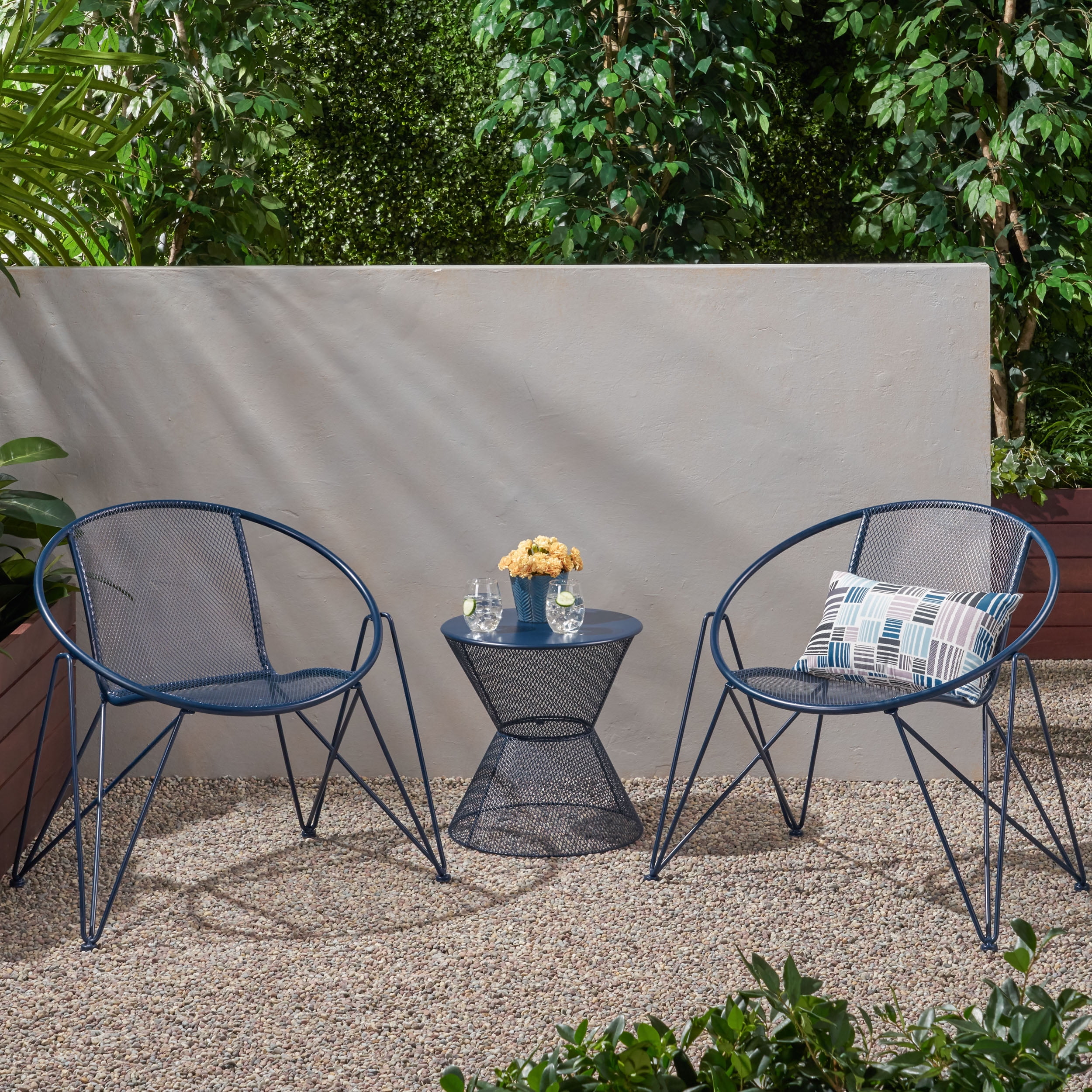 Julianah Outdoor Modern Iron Chat Set with Side Table, Matte Navy Blue ...