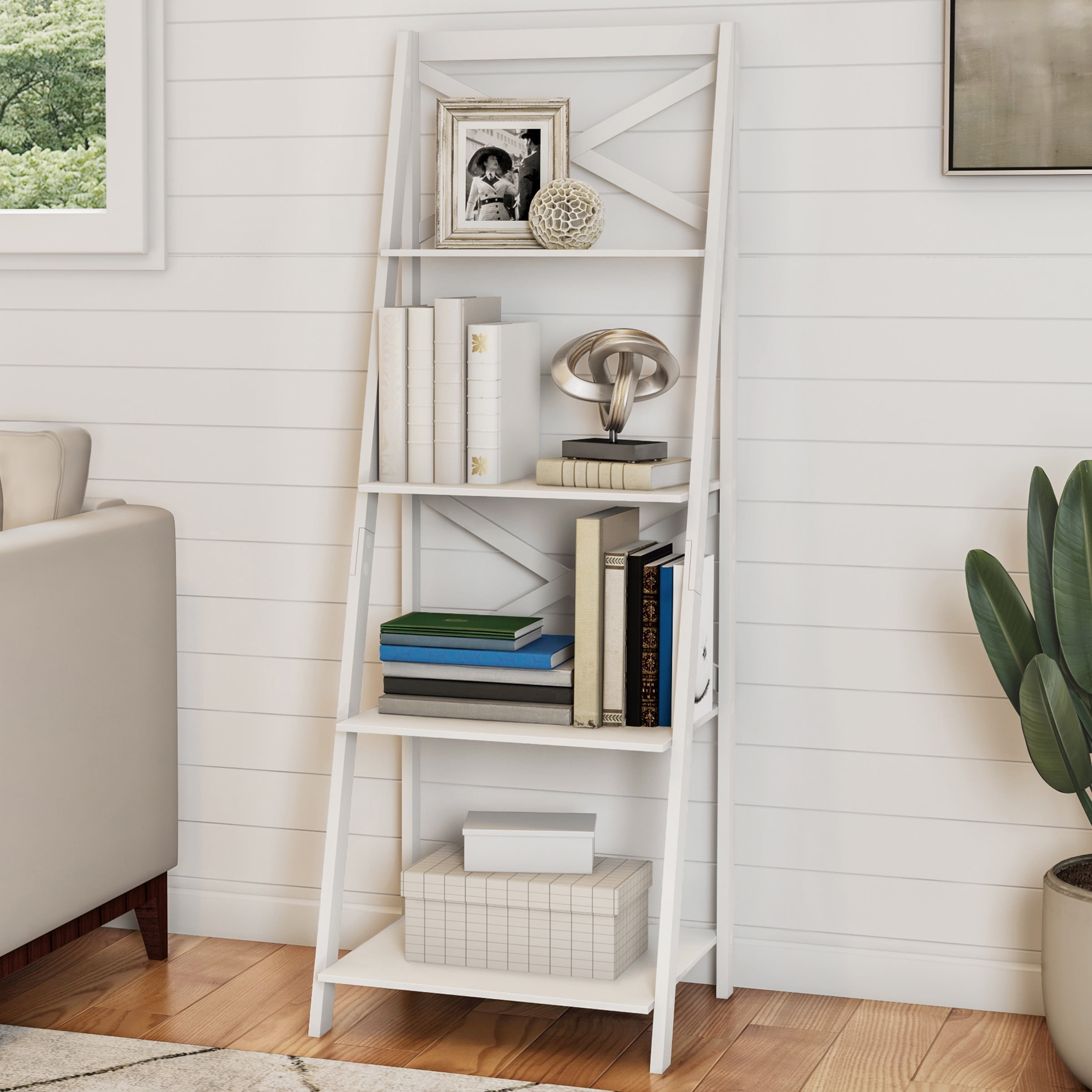 Lavish Home 4-Tier Freestanding Ladder Bookshelf with X-Back Frame ...